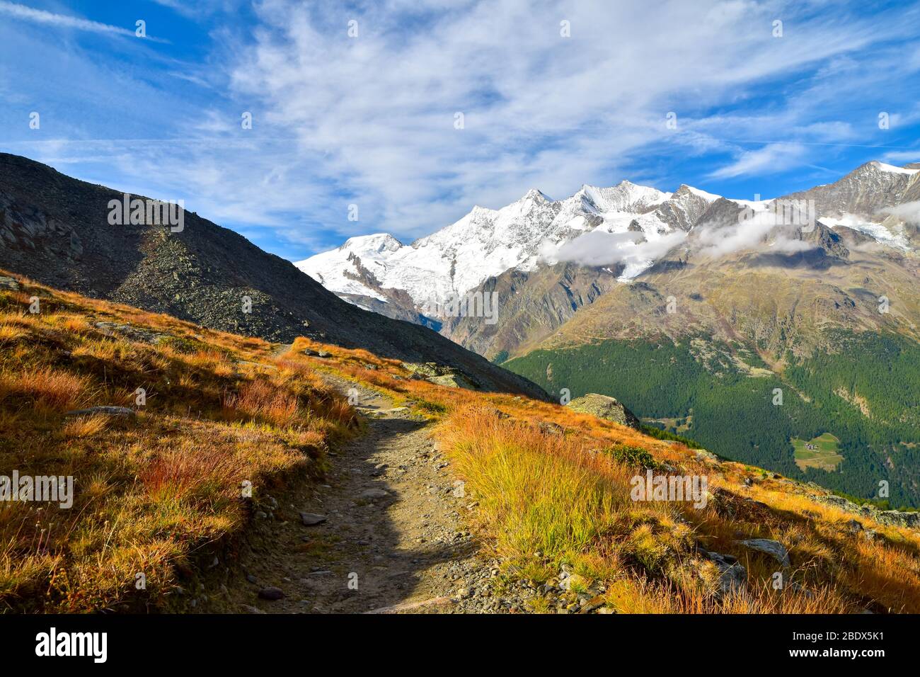 Landscape in the Alps with hiking path and mountains Stock Photo - Alamy
