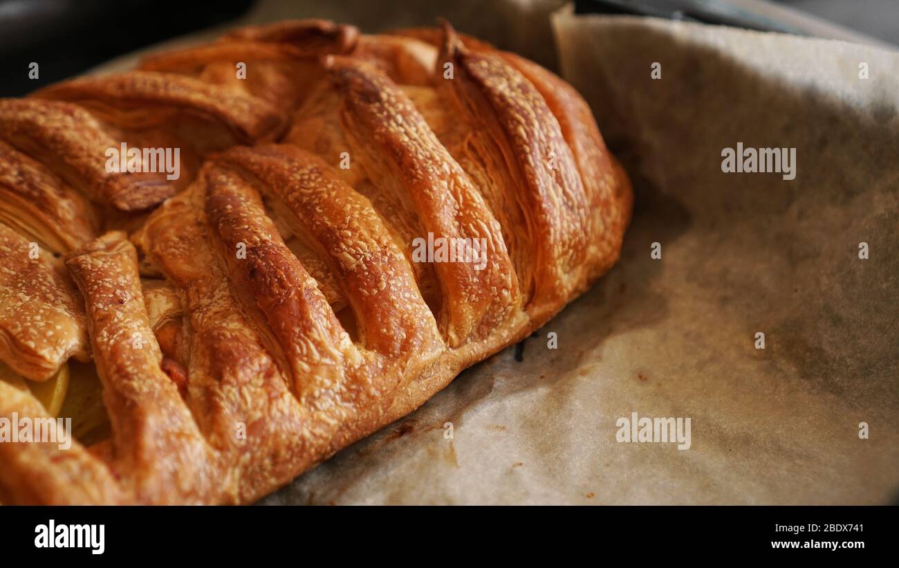 Meat pie with puff pastry. Beautiful golden crust. Crispy Tasty Lunch ...