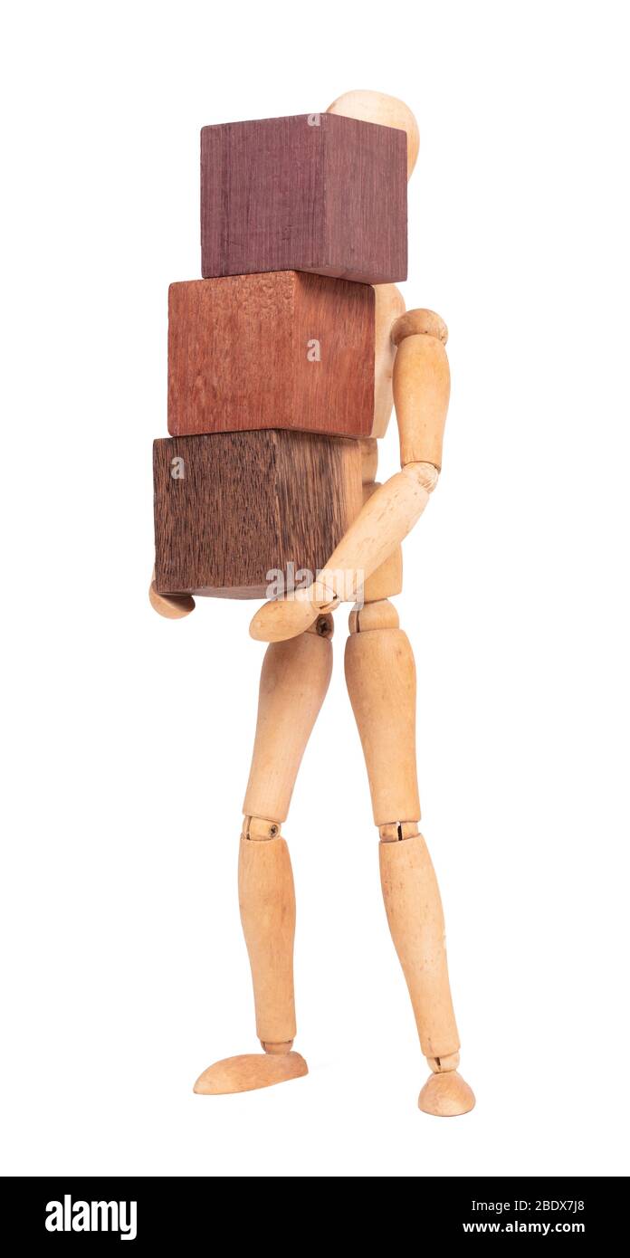 Wooden mannequin carrying wooden hardwood blocks, isolated on white ...