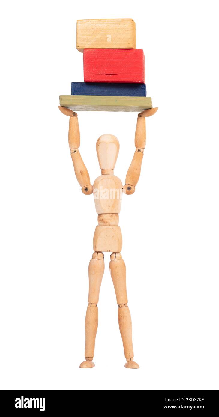 Wooden mannequin carrying wooden blocks, isolated on white Stock Photo ...