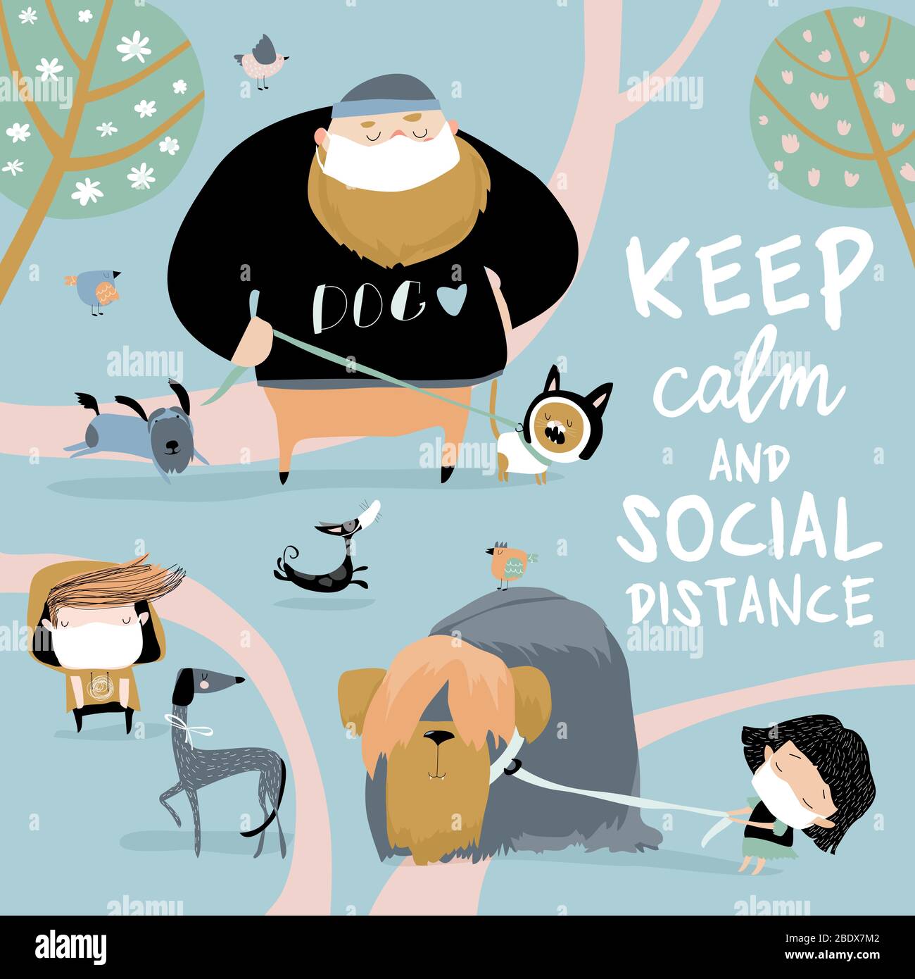 Walking with a dog in coronavirus conditions. People with dogs wearing ...