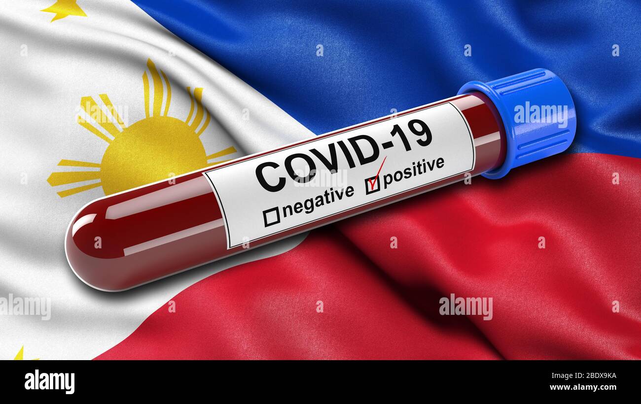 Flag of Philippines waving in the wind with a positive Covid-19 blood ...
