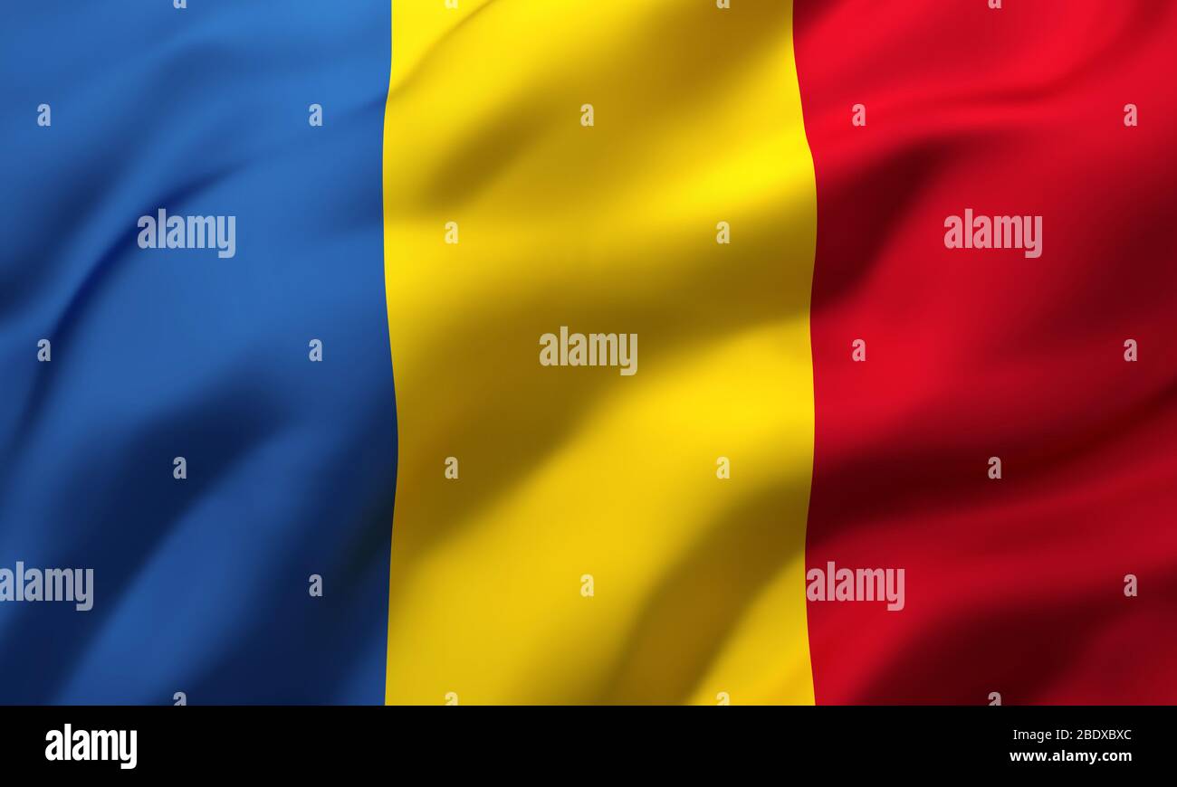 Flag of Romania blowing in the wind. Full page Romanian flying flag. 3D ...