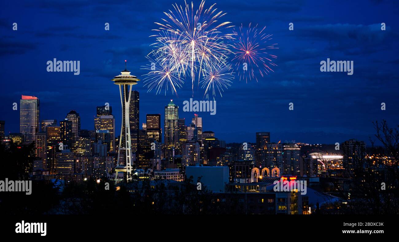 Celebration Fireworks Over Seattle City at Night Stock Photo - Alamy
