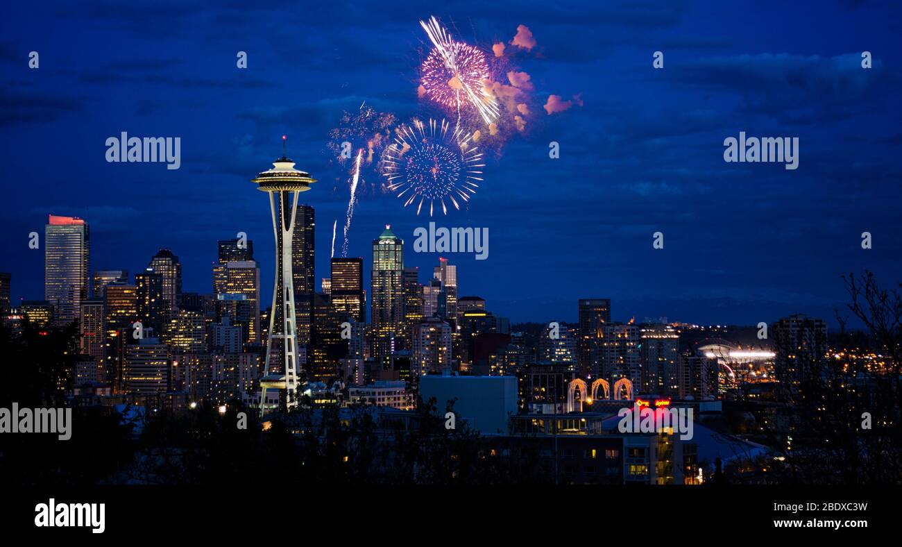 Celebration Fireworks Over Seattle City at Night Stock Photo - Alamy