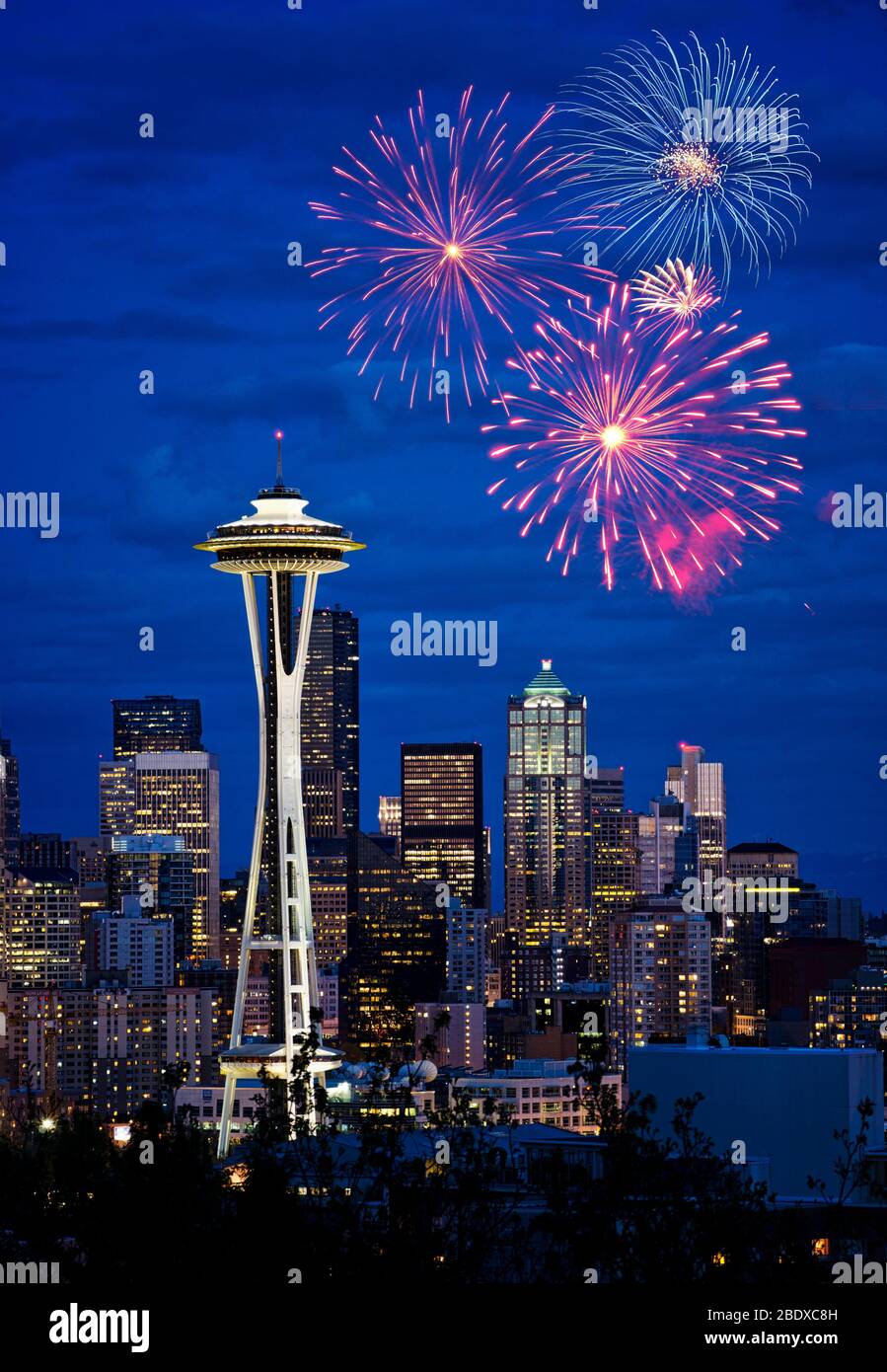Celebration Fireworks Over Seattle City at Night Stock Photo - Alamy