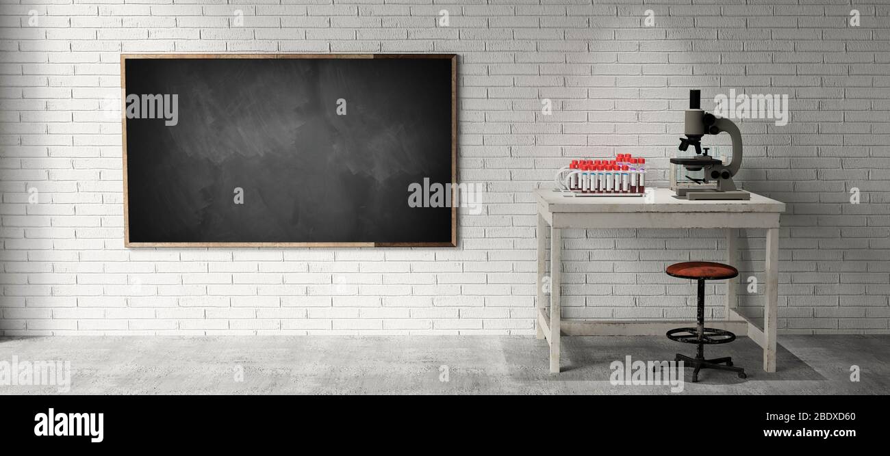 laboratory with empty blackbord and many test tubes on a table - 3D ...