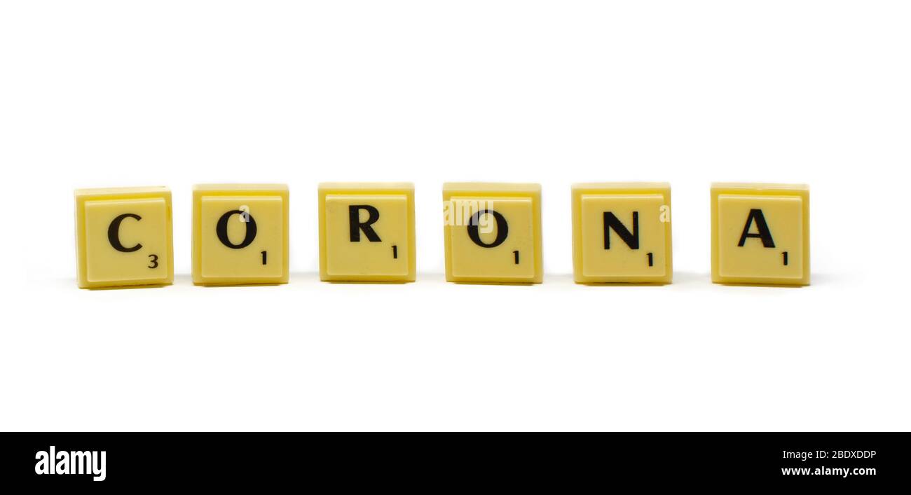 The word "CORONA" with single letter tiles with shadows on a perfect ...