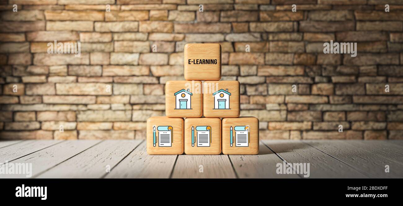cubes with e-learning symbols in front of a brick wall - 3D rendered ...