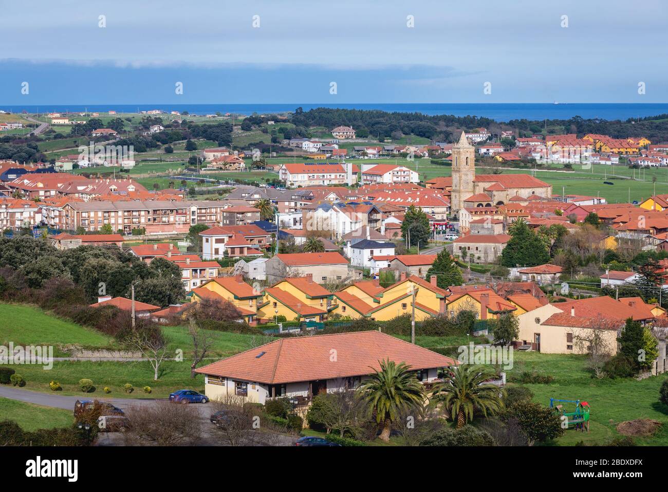 Aerial view of Ajo town located on the Ajo cape on the Bay of Biscay in ...