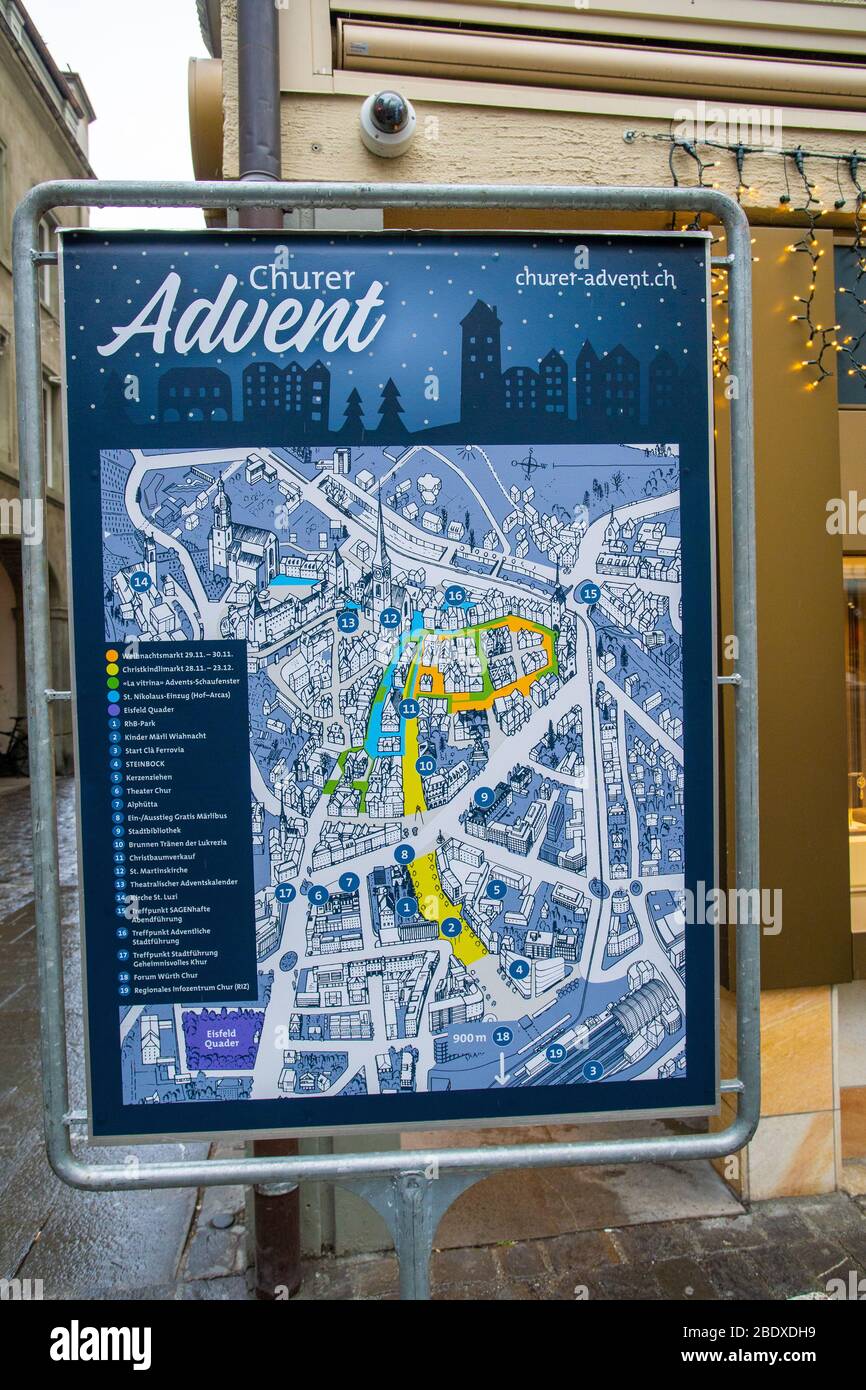 Chur, Switzerland - 21 December 2019 - Infographic map sign of Old city ...