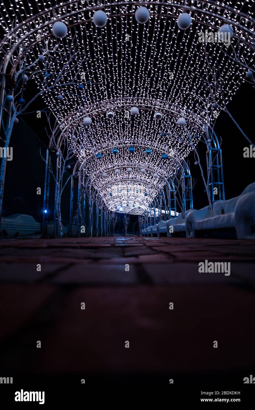 Beautiful path with LED light strings on the top. Photo taken in Latvia ...