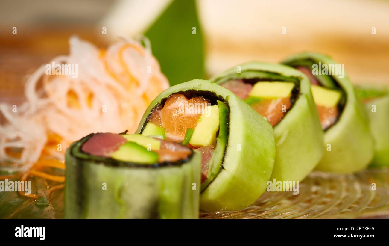 Spring rolls with tuna and salmon. Shallow dof Stock Photo - Alamy