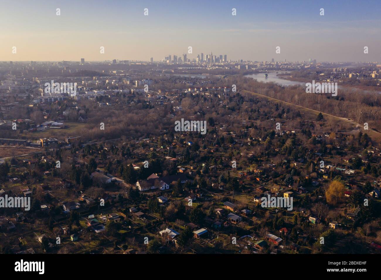 Aerial view of allotment gardens in Mokotow district of Warsaw, Poland ...