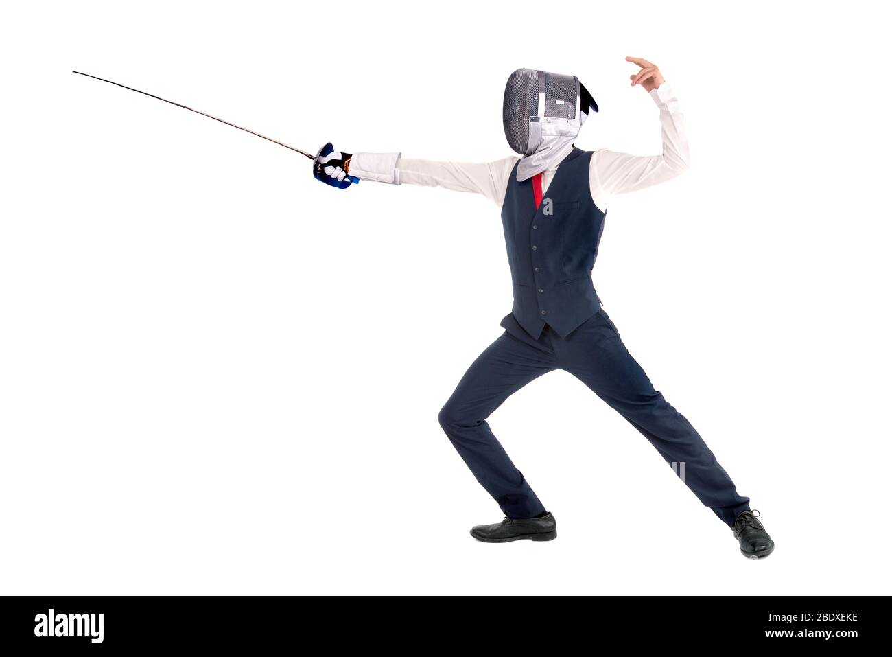 Male fencer businessman, ready for a duel isolated in white background ...