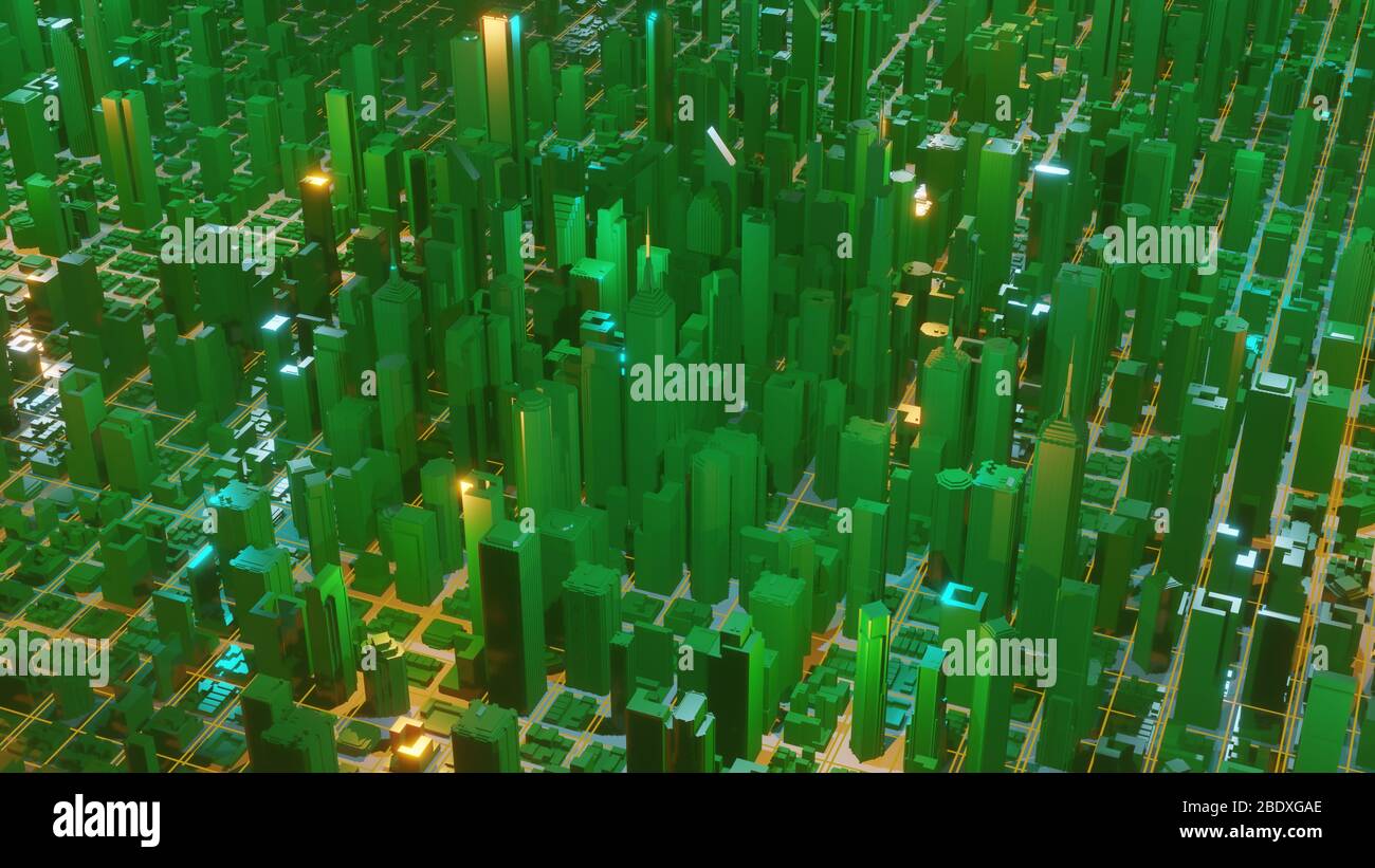 Abstract 3d city rendering with lines and digital elements. Digital ...