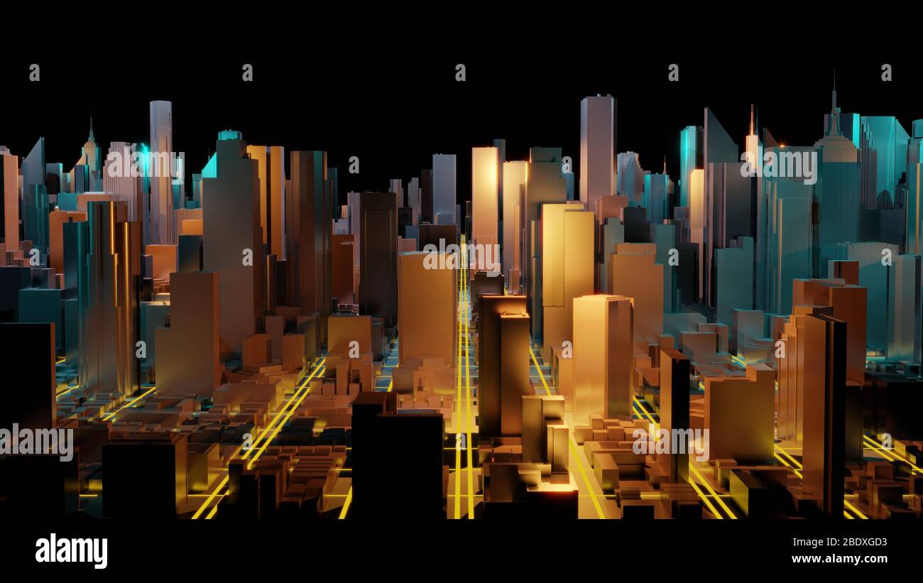 Abstract 3d city rendering with lines and digital elements. Digital ...