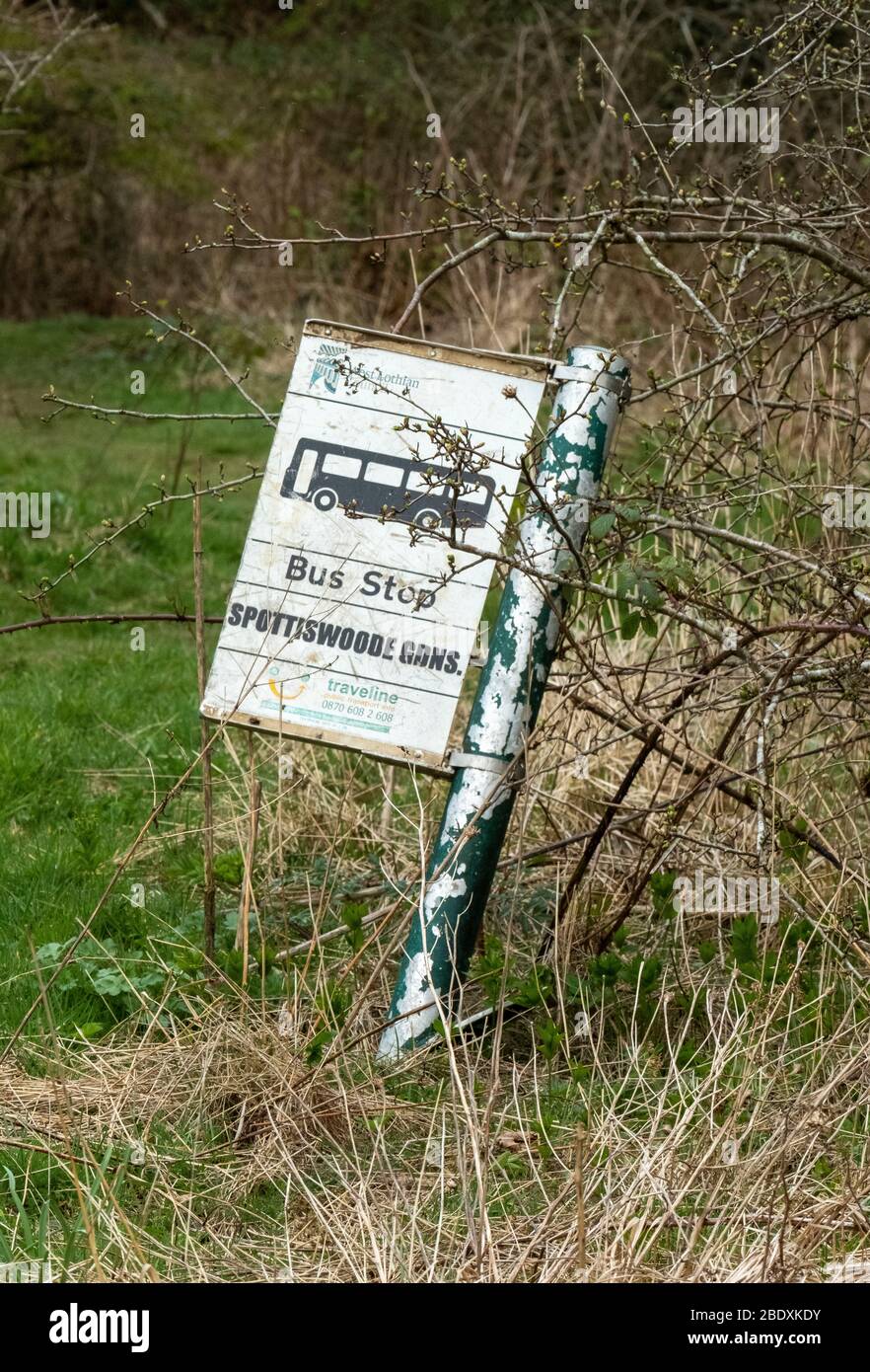 Abandoned bus stop sign stuck in the ground in Almondell country park ...