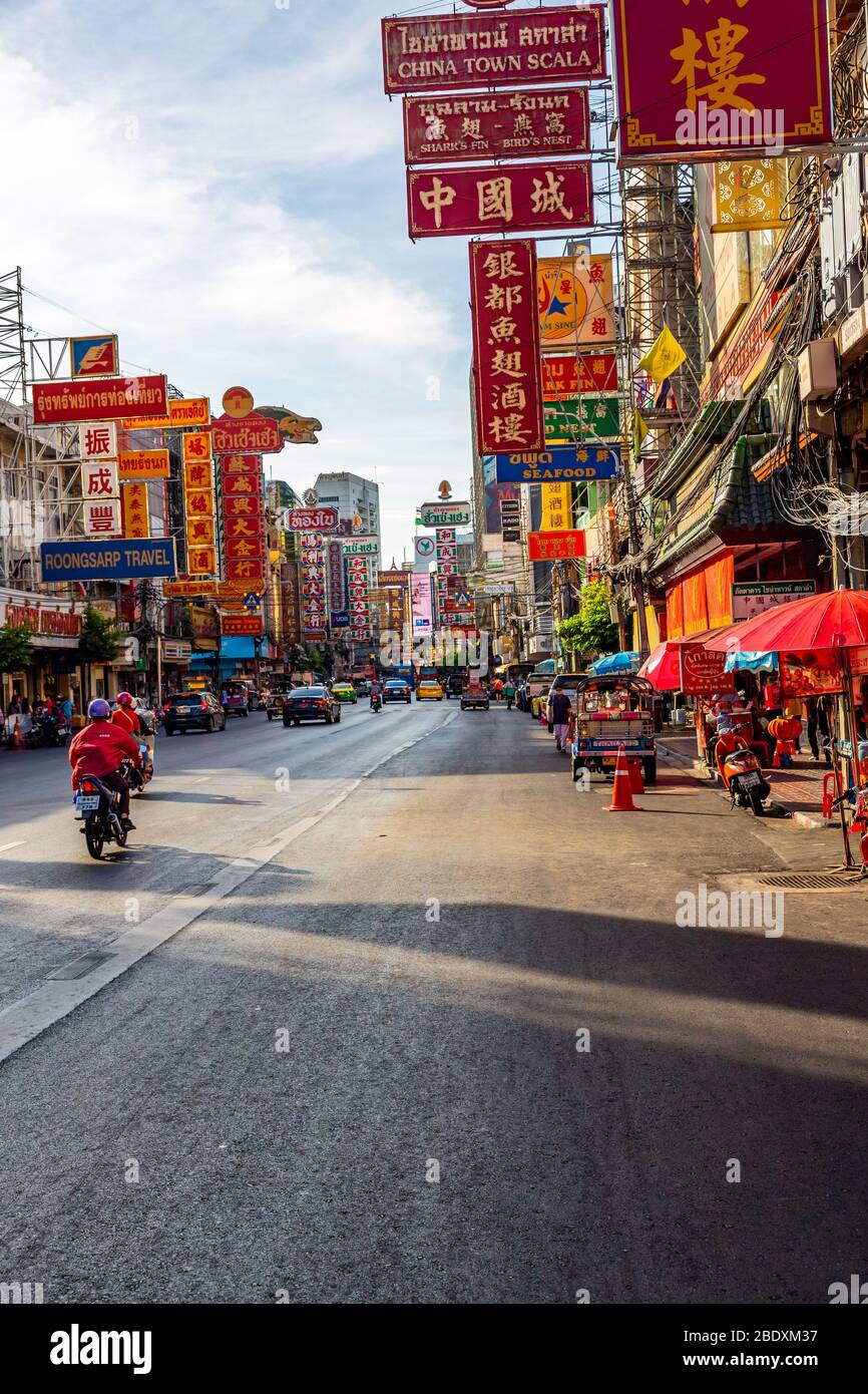 Chinatown traffic at Yaowarat road, the main street of Chinatown in ...