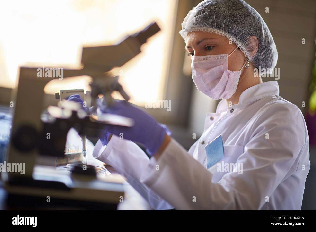 Female laboratory worker looking samle of blood through microscope ...