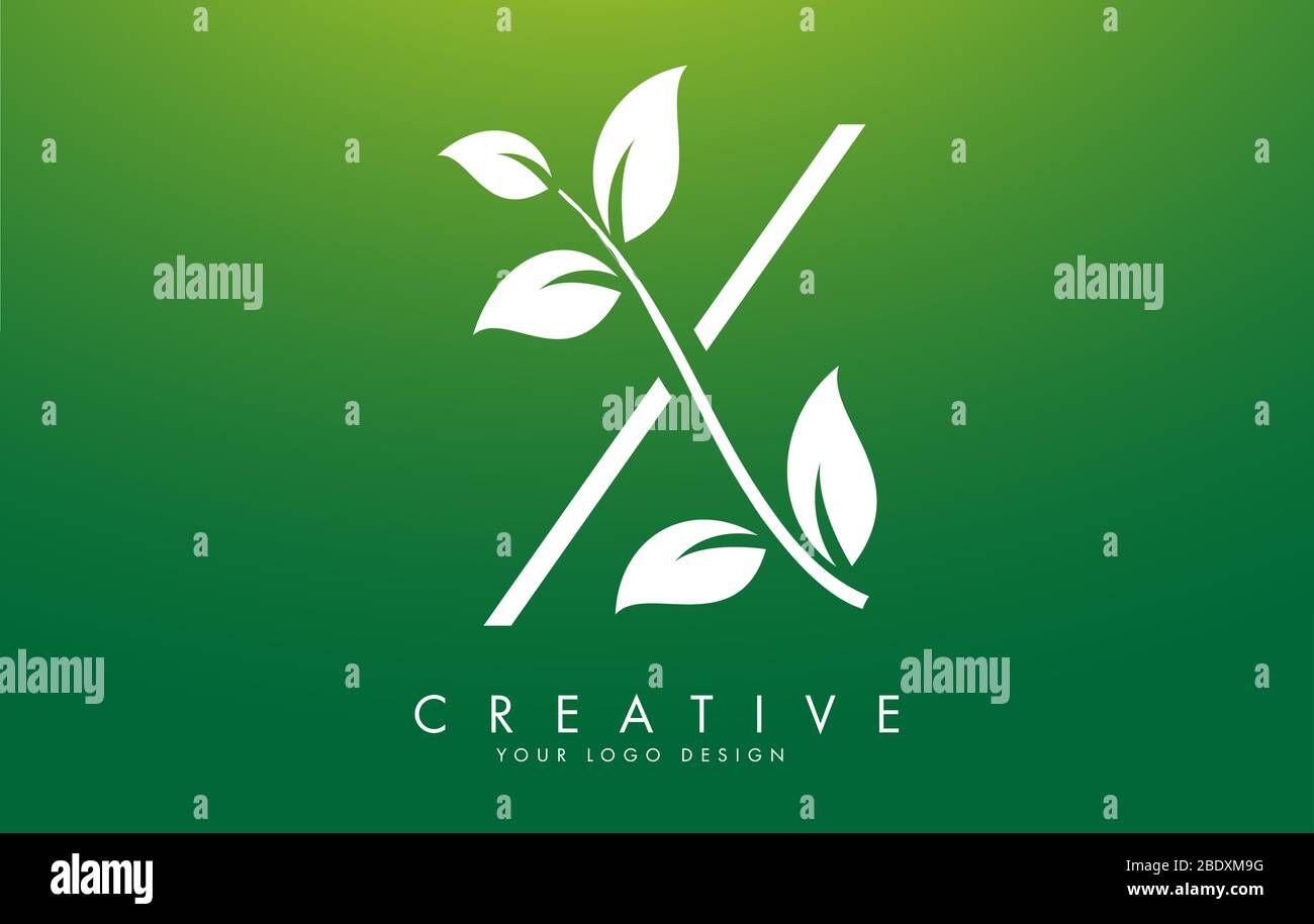 White Leaf Letter X Logo Design with Leaves on a Branch and Green ...