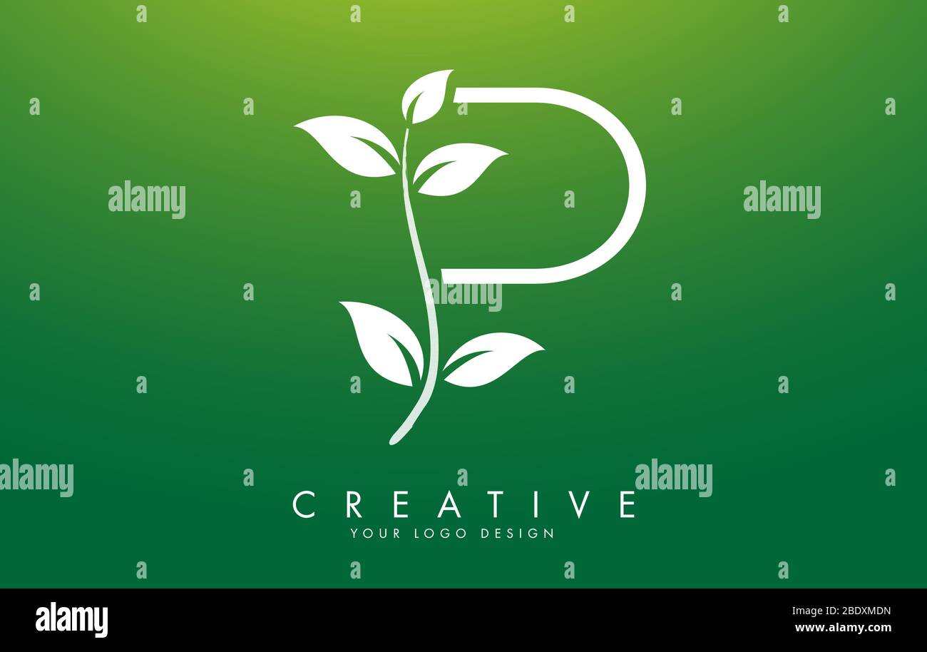 White Leaf Letter P Logo Design with Leaves on a Branch and Green ...