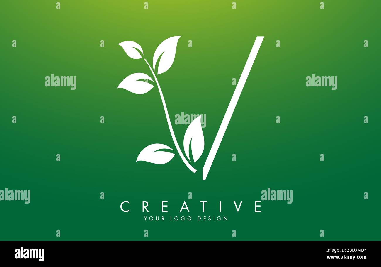 White Leaf Letter V Logo Design with Leaves on a Branch and Green ...