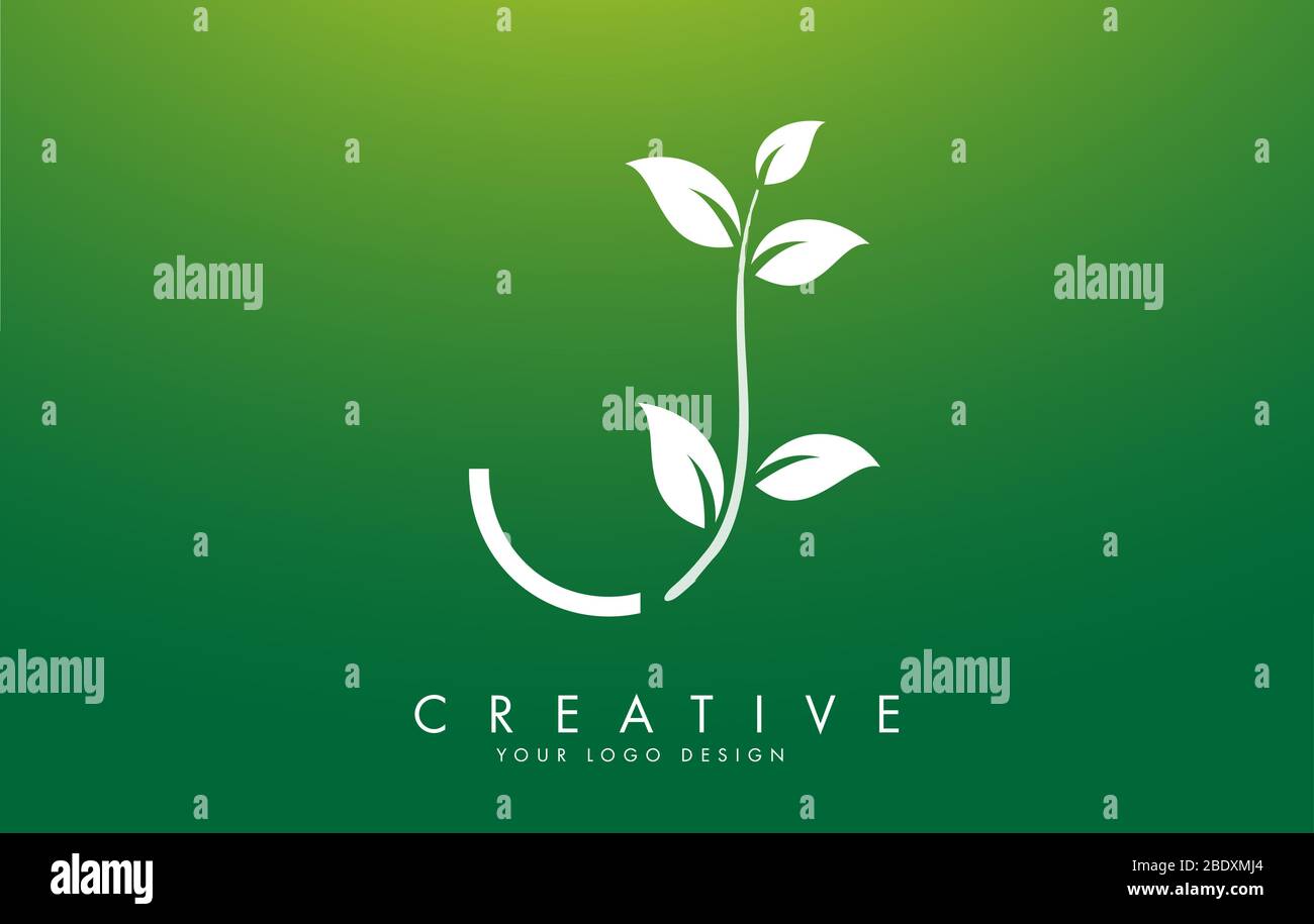 White Leaf Letter J Logo Design with Leaves on a Branch and Green ...