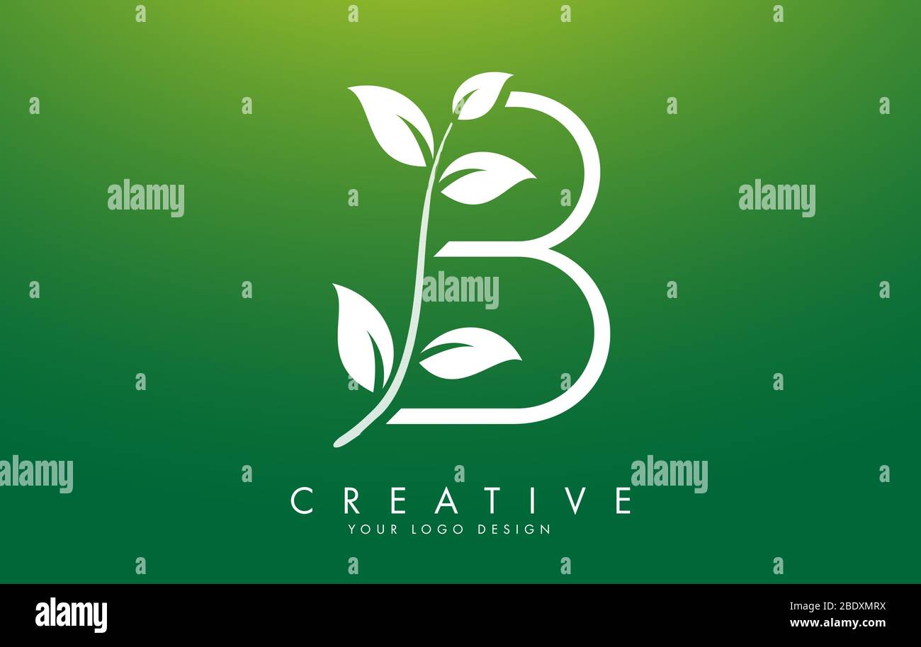 White Leaf Letter B Logo Design with Leaves on a Branch and Green ...