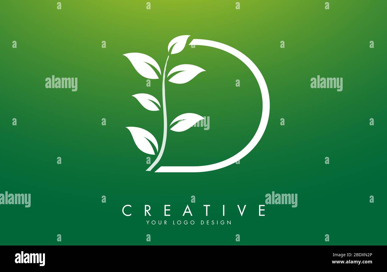 White Leaf Letter D Logo Design with Leaves on a Branch and Green ...