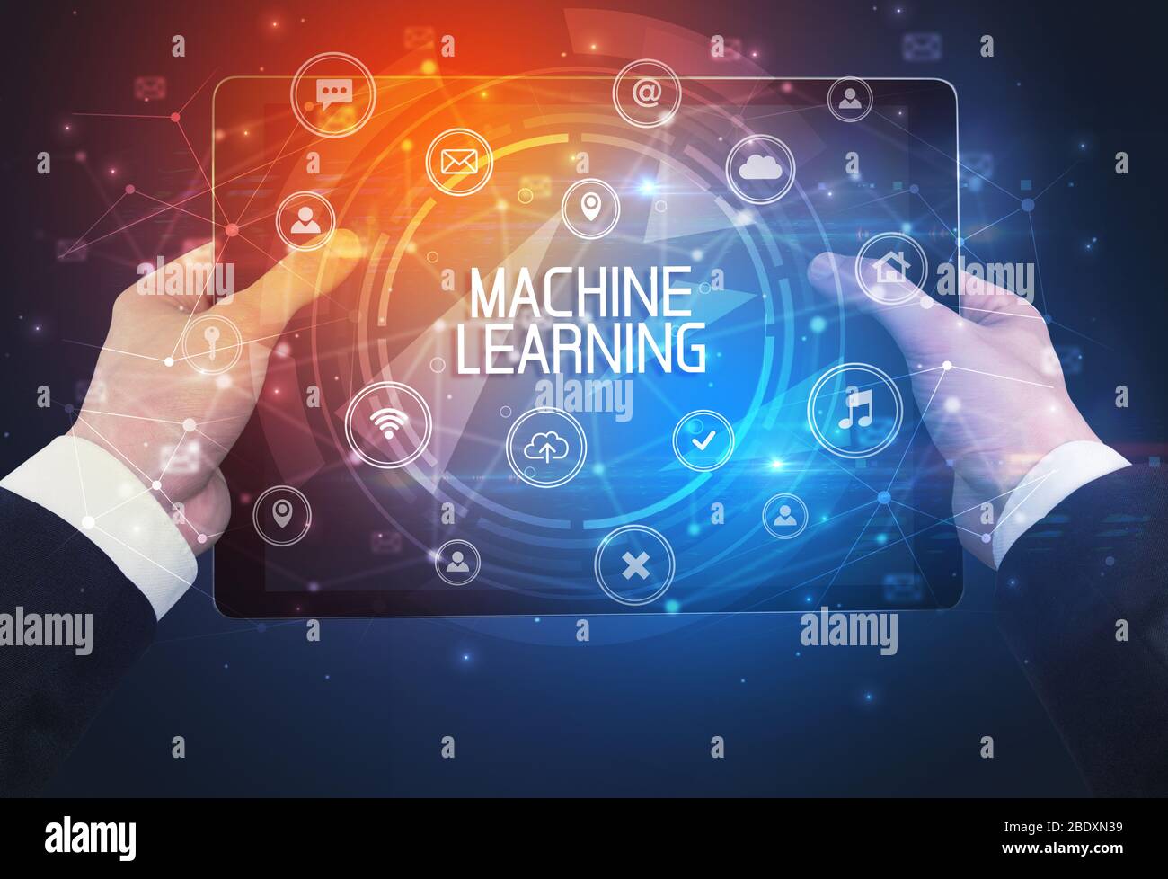 Close-up of a tablet with MACHINE LEARNING inscription, innovative ...