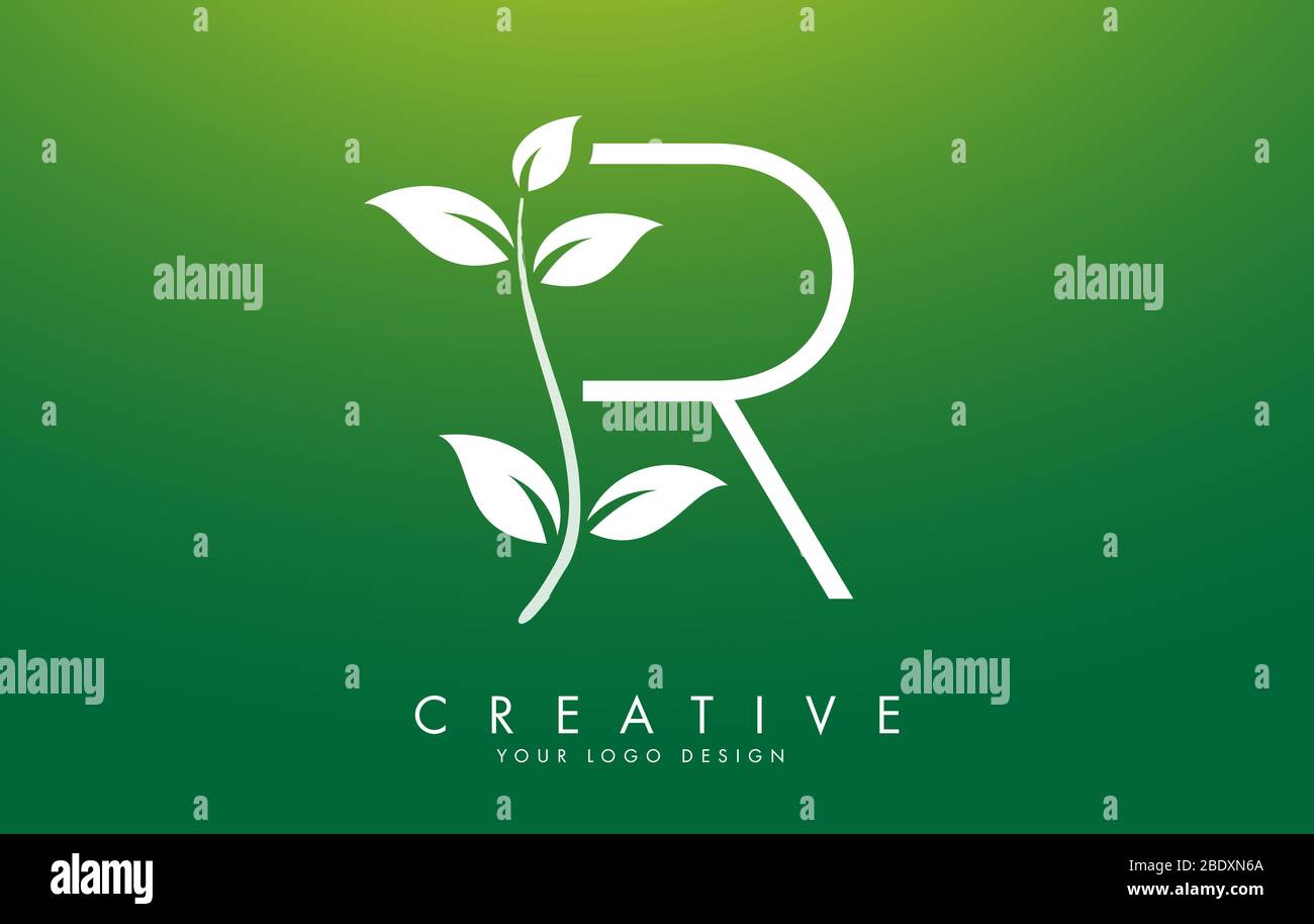 White Leaf Letter R Logo Design with Leaves on a Branch and Green ...