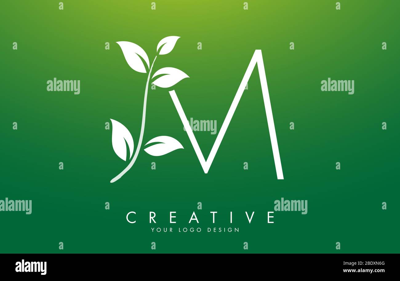 White Leaf Letter M Logo Design with Leaves on a Branch and Green ...