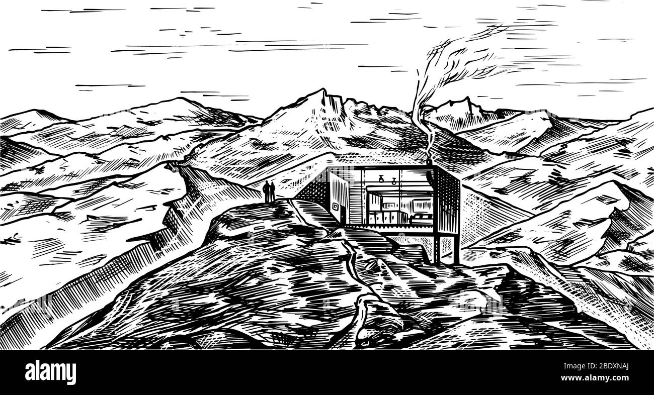 Mountain landscape background. Alpine peaks and cabin. Vintage Mount ...