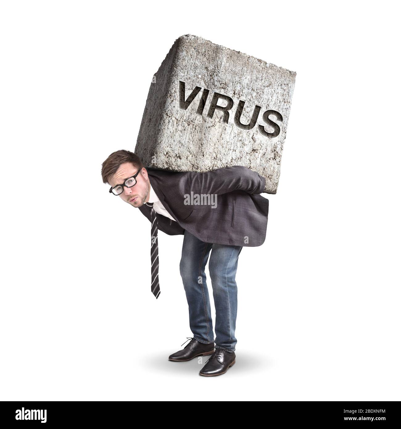 Man carrying a heavy stone labeled with VIRUS Stock Photo - Alamy