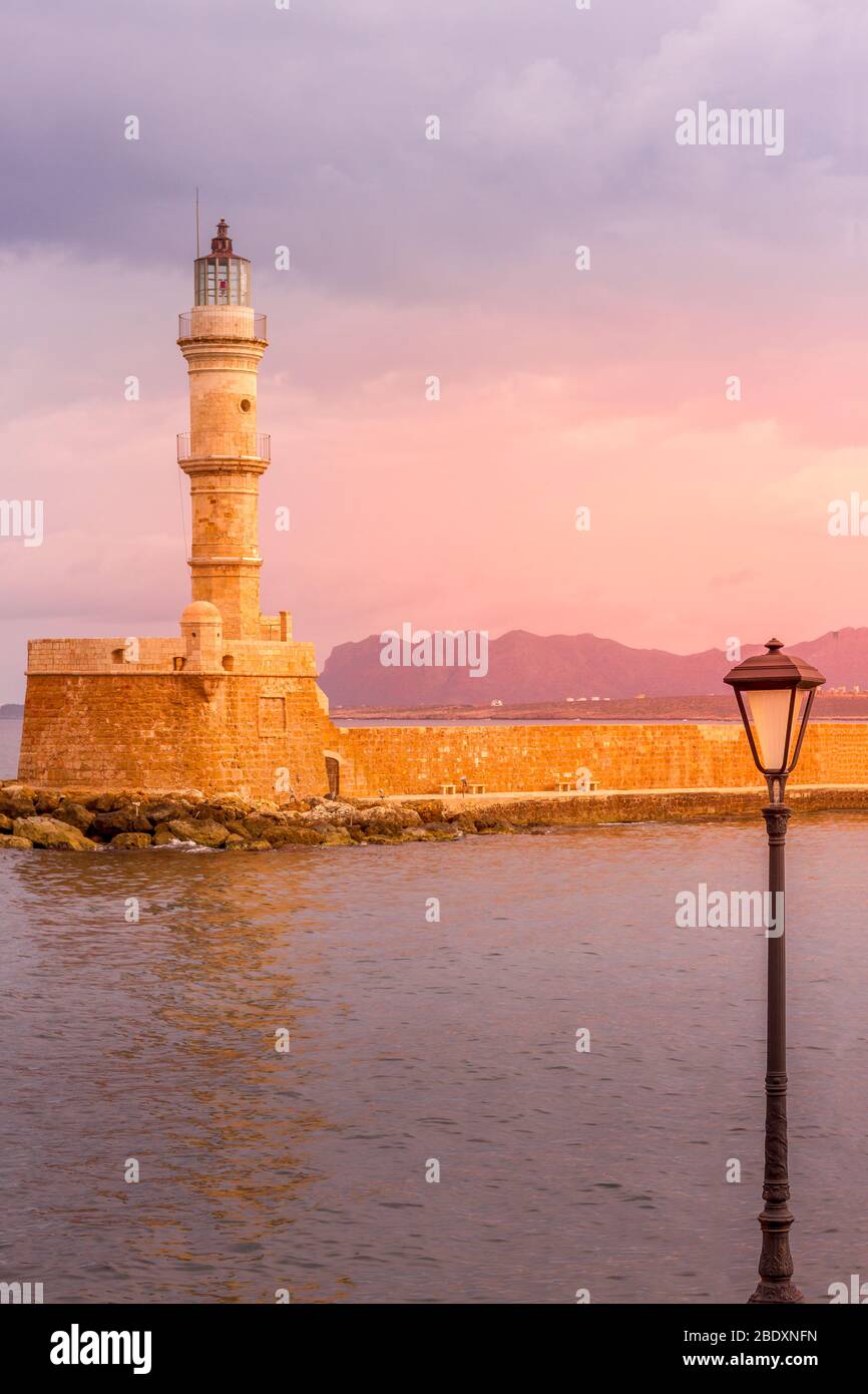 The famous egyptian lighthouse at the old Venetian port of Chania town ...