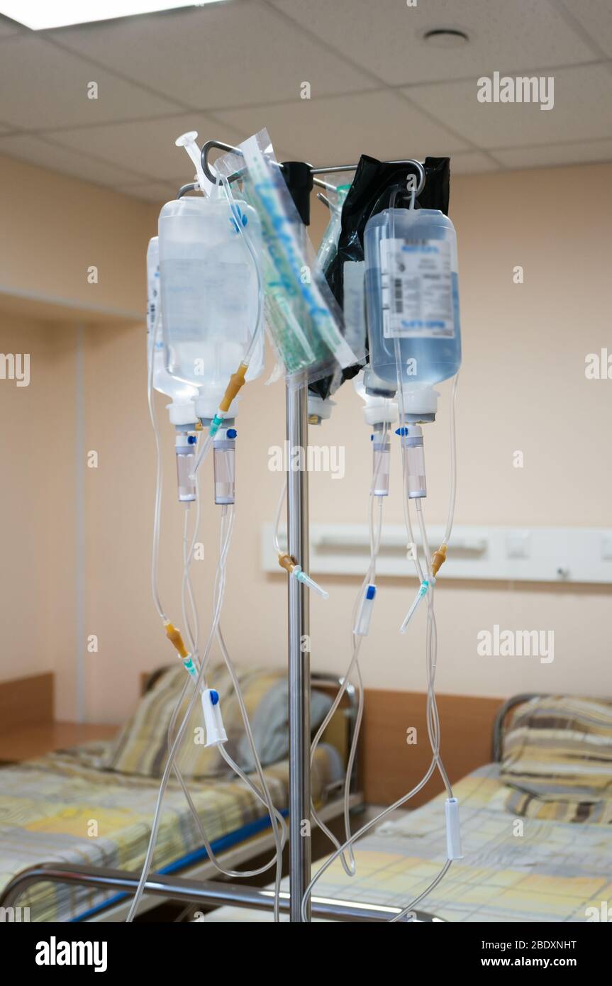 Prepared systems for intravenous administration of drugs on a rack in a ...