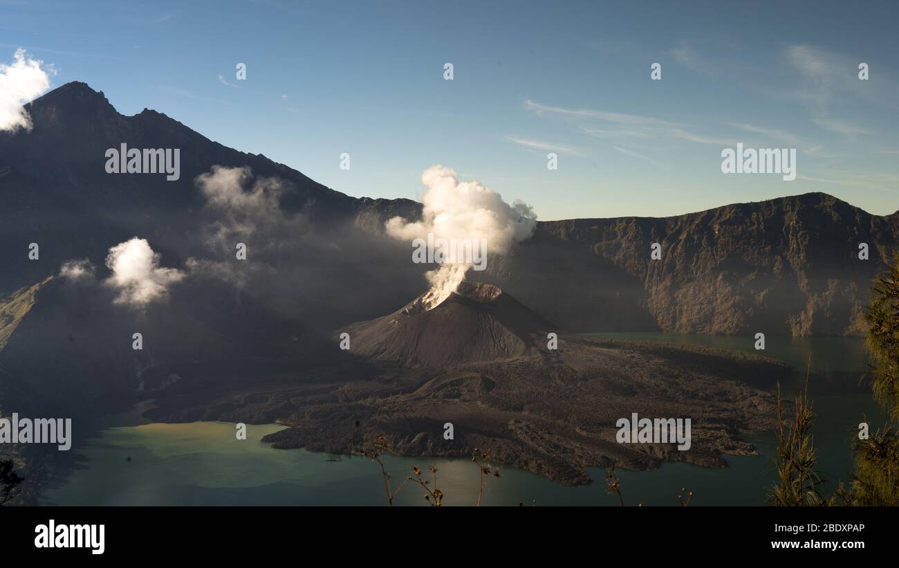 Active volcano, landscape with clouds in the morning, beautiful Mount ...