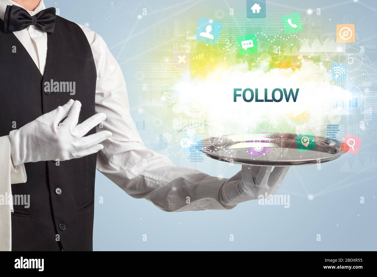 Waiter serving social networking concept with FOLLOW inscription Stock ...