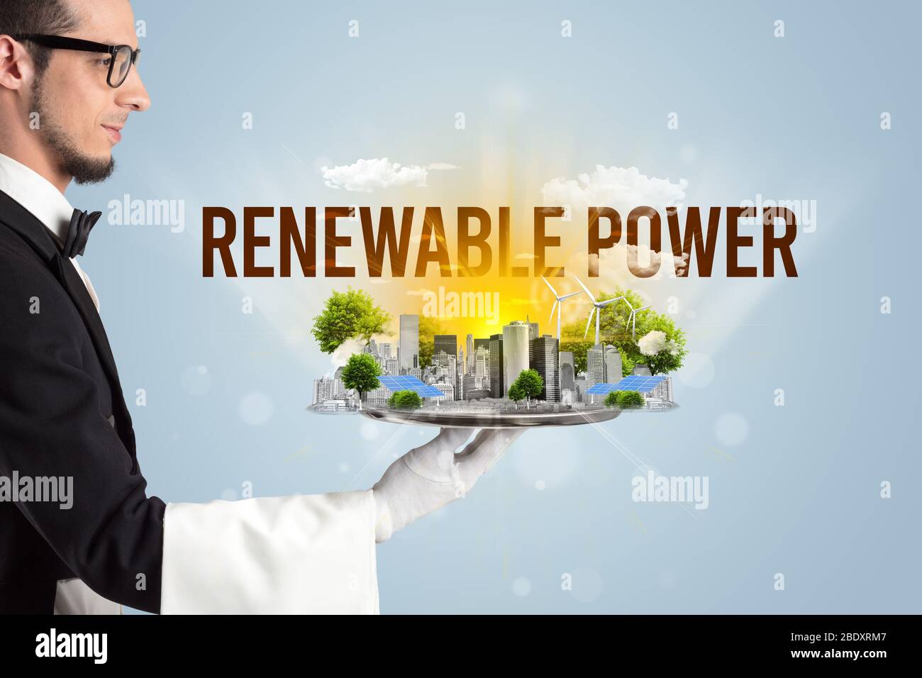 Waiter serving eco city with RENEWABLE POWER inscription, renewabke ...