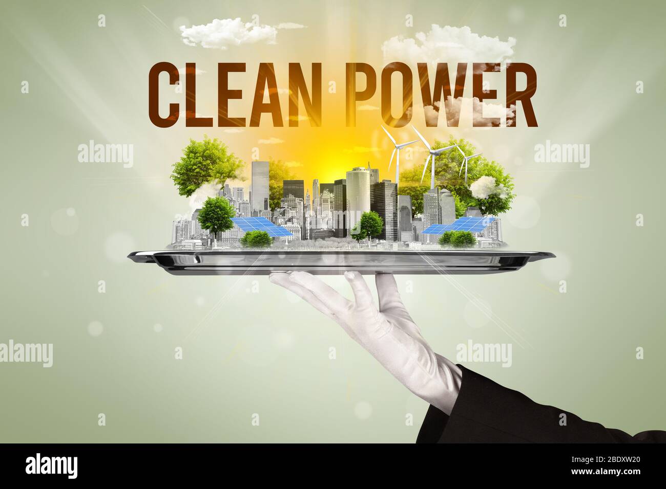 Waiter serving eco city with CLEAN POWER inscription, renewabke energy ...