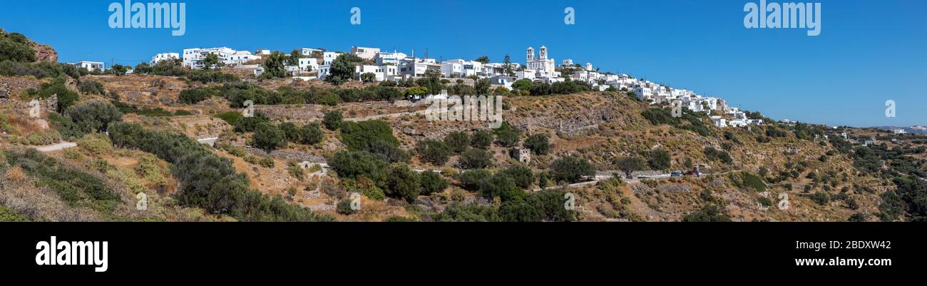 Panorama of Trypiti village with roads and typical vegetation, Milos ...