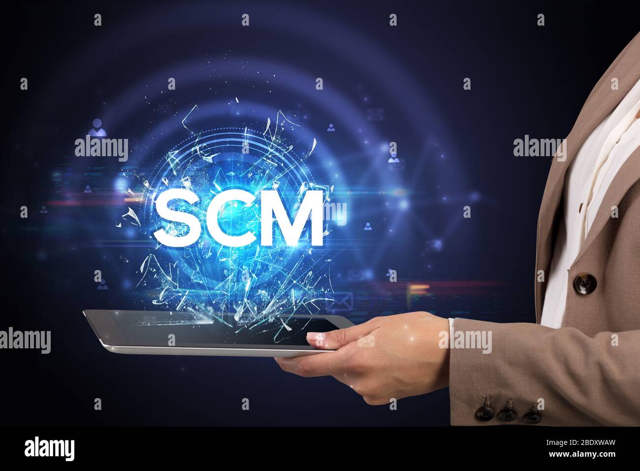 Close-up of a touchscreen with SCM abbreviation, modern technology ...