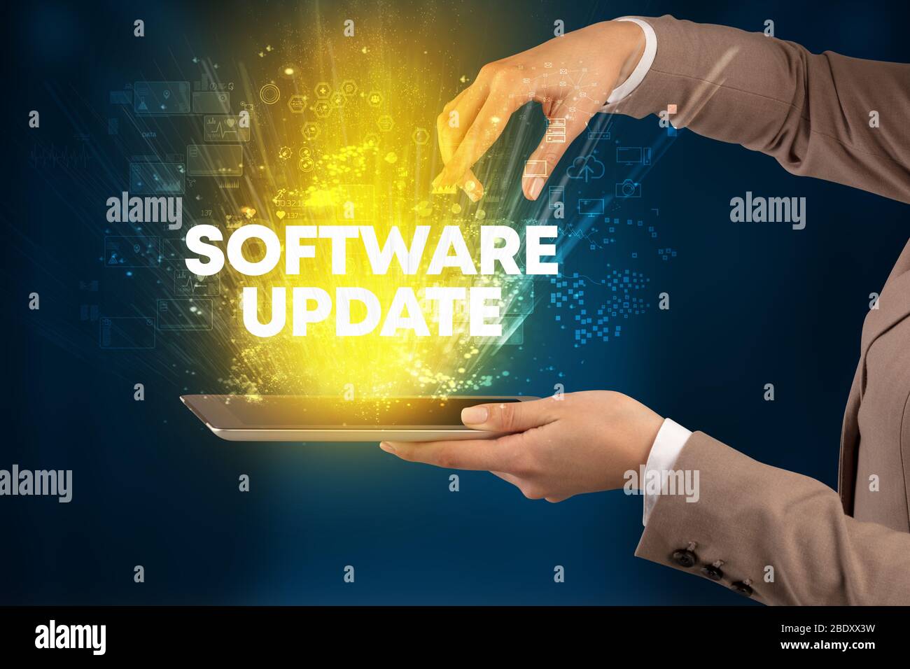 Close-up of a touchscreen with SOFTWARE UPDATE inscription, innovative ...