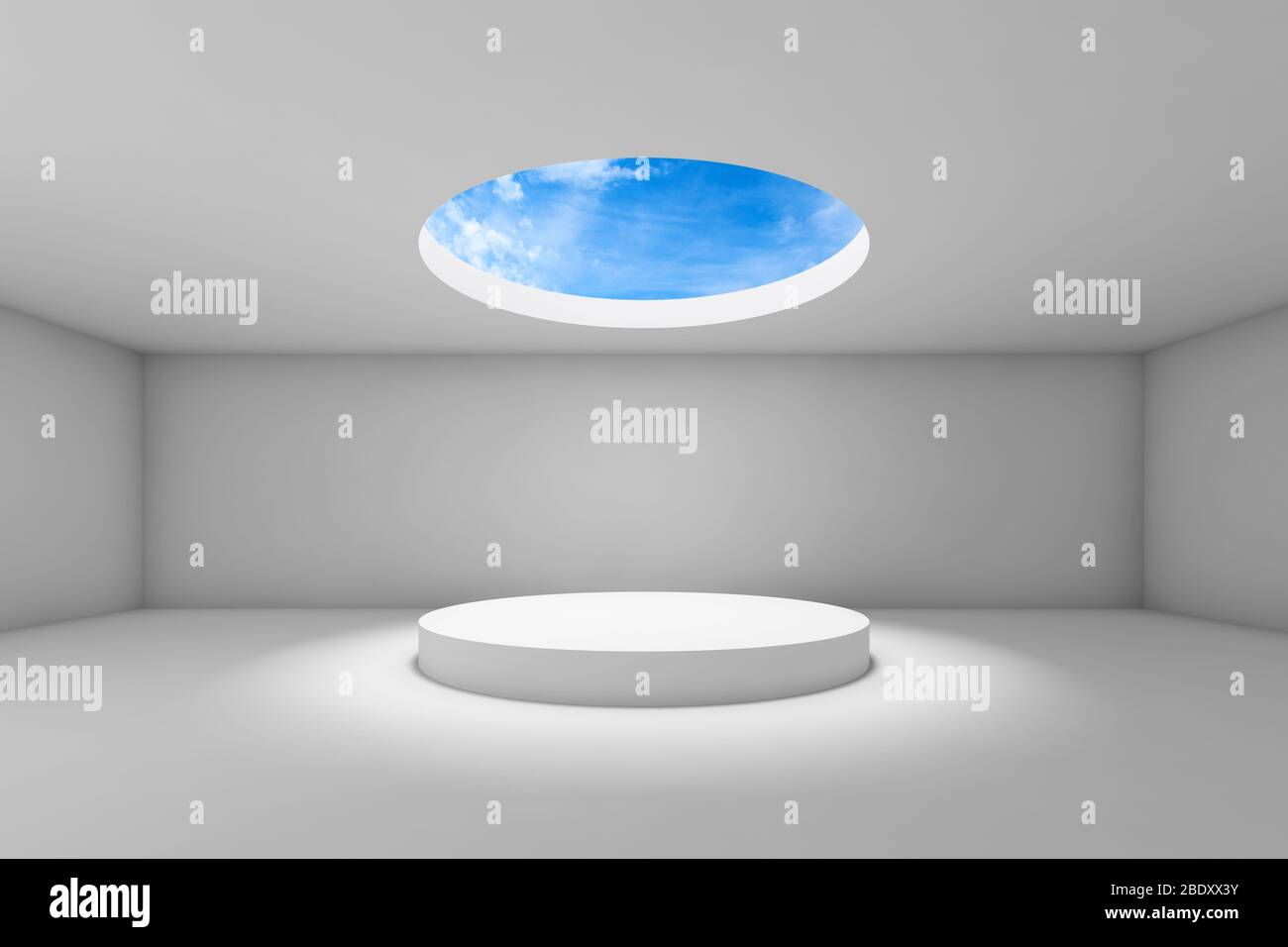 Abstract empty interior, showroom with blue sky behind round ceiling ...