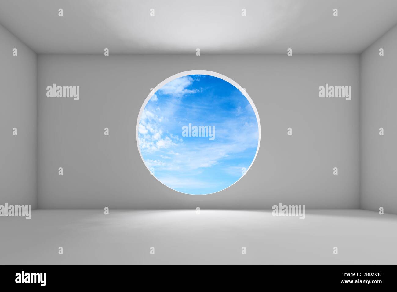 Abstract white interior, empty room with cloudy sky behind a round ...