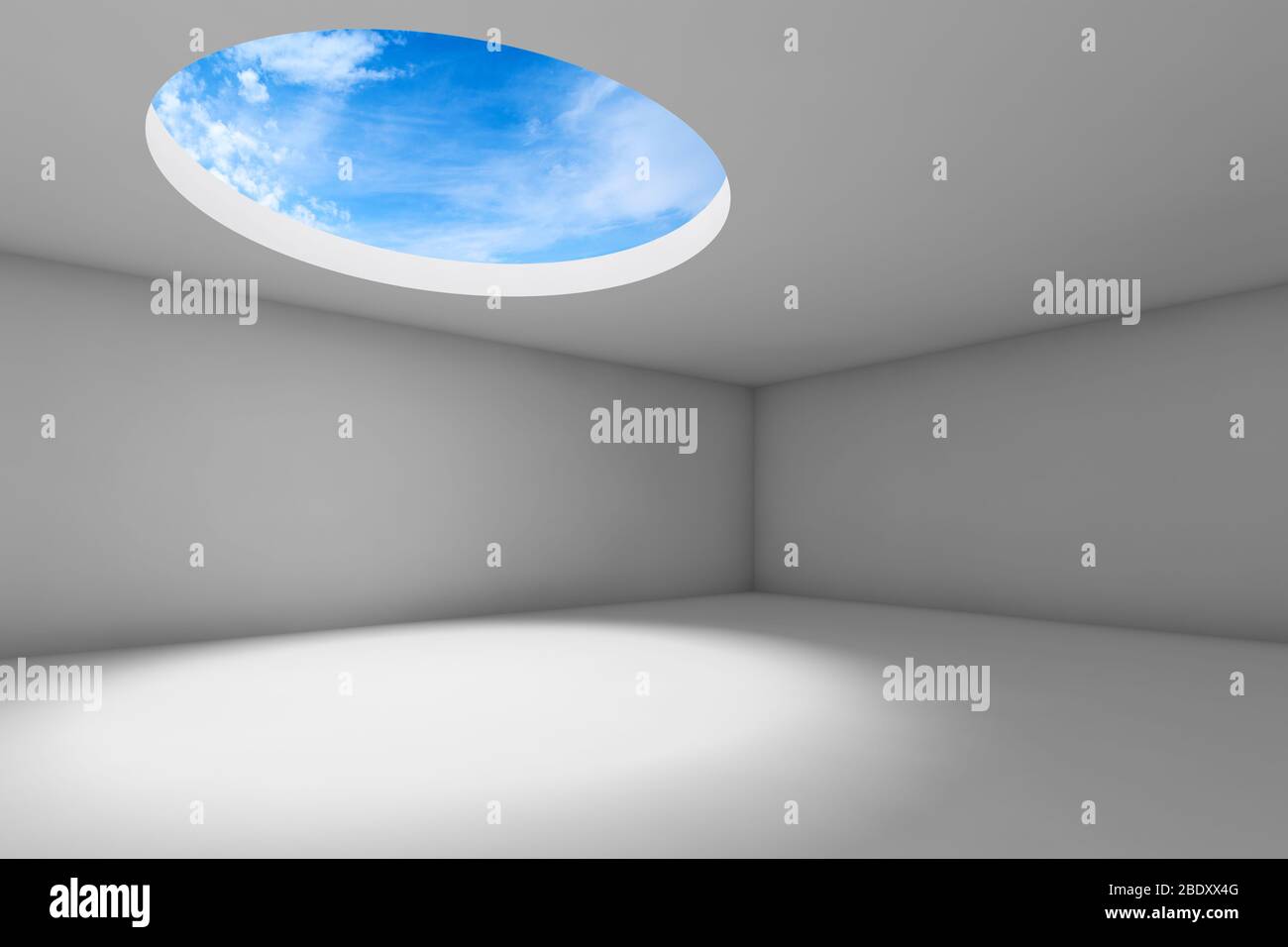 Abstract empty interior background, white showroom with blue sky behind ...