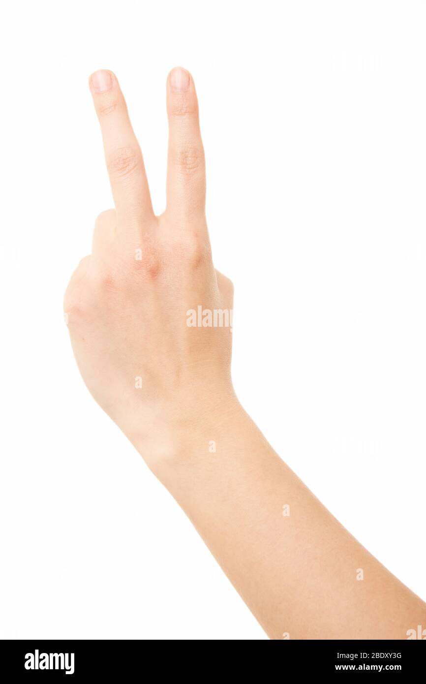 Woman arm, victory, hand gesture Stock Photo - Alamy
