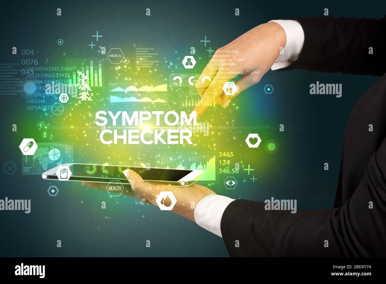 Close-up of a touchscreen with SYMPTOM CHECKER inscription, medical ...