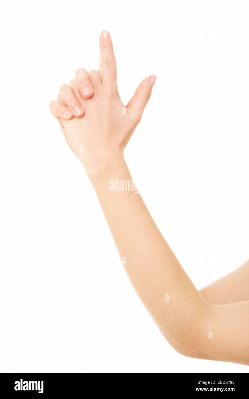 Woman arm, gun hand gesture Stock Photo - Alamy